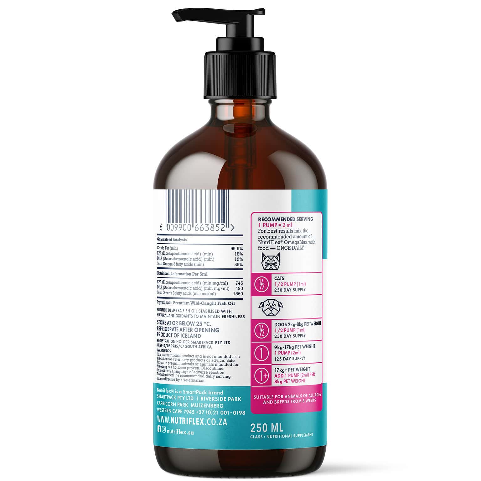 OmegaMax - Omega-3 Liquid Fish Oil For Dogs And Cats 250ml | NutriFlex